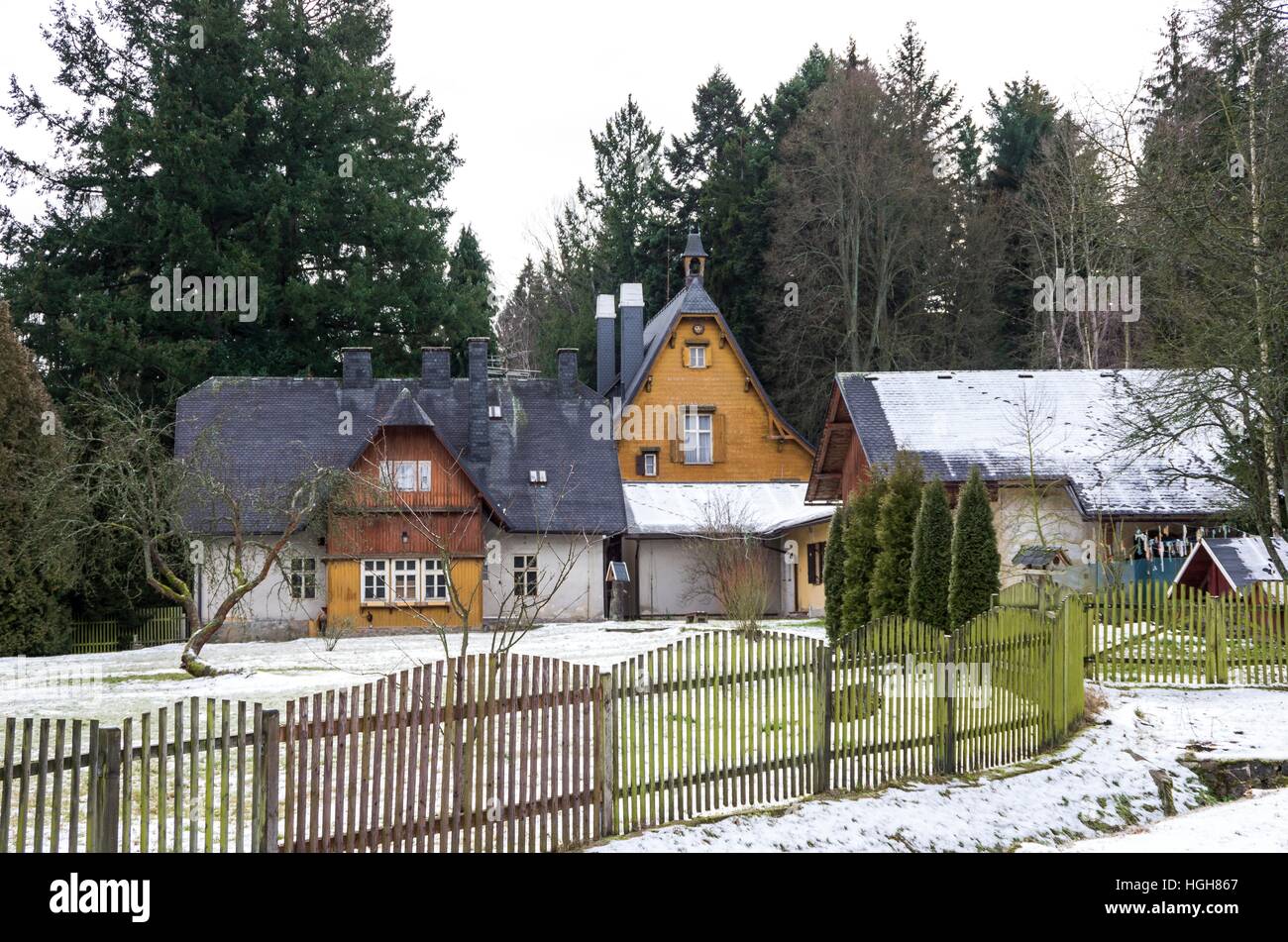 Hunting lodge, Three trumpets, Brdy Stock Photo - Alamy