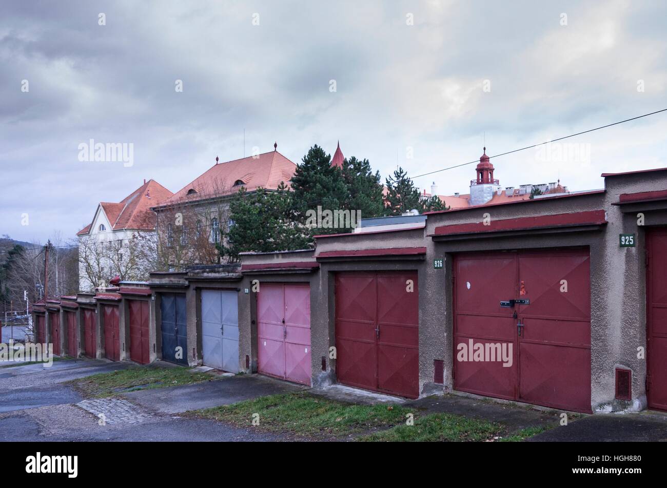 Garages, row, red gates Stock Photo - Alamy