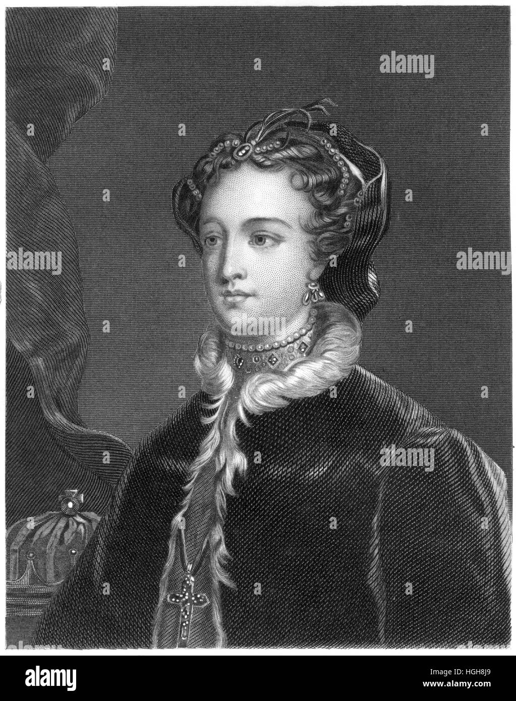 An engraving of Mary Stuart scanned at high resolution from a book ...