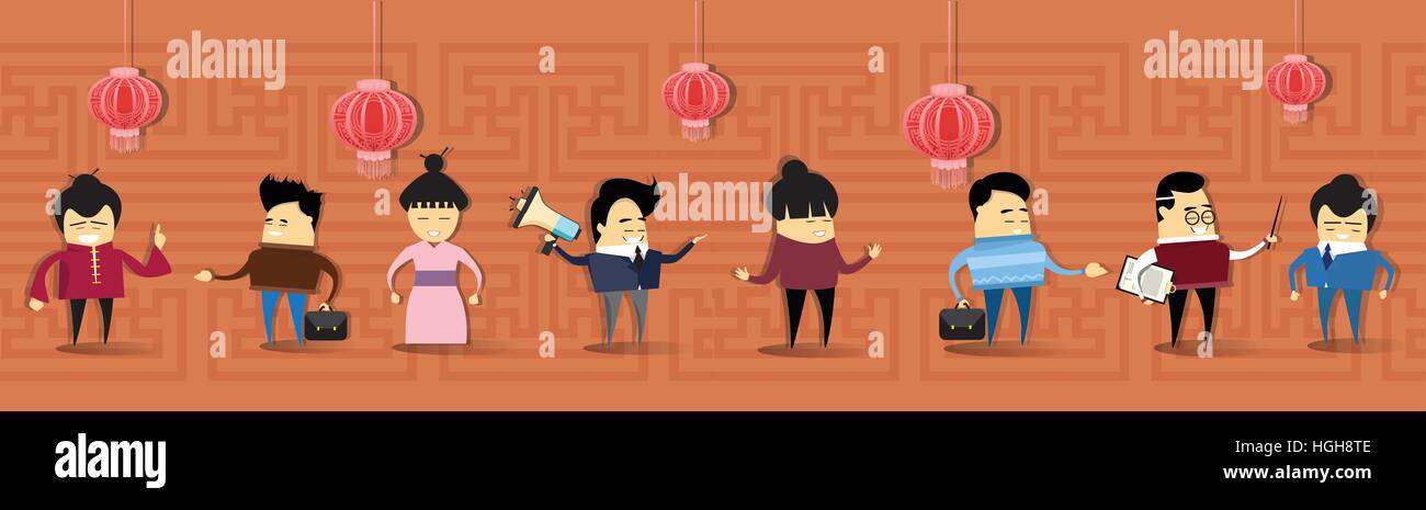 Asian Man Woman Asia People Group Cartoon Character Mix Race Stock ...