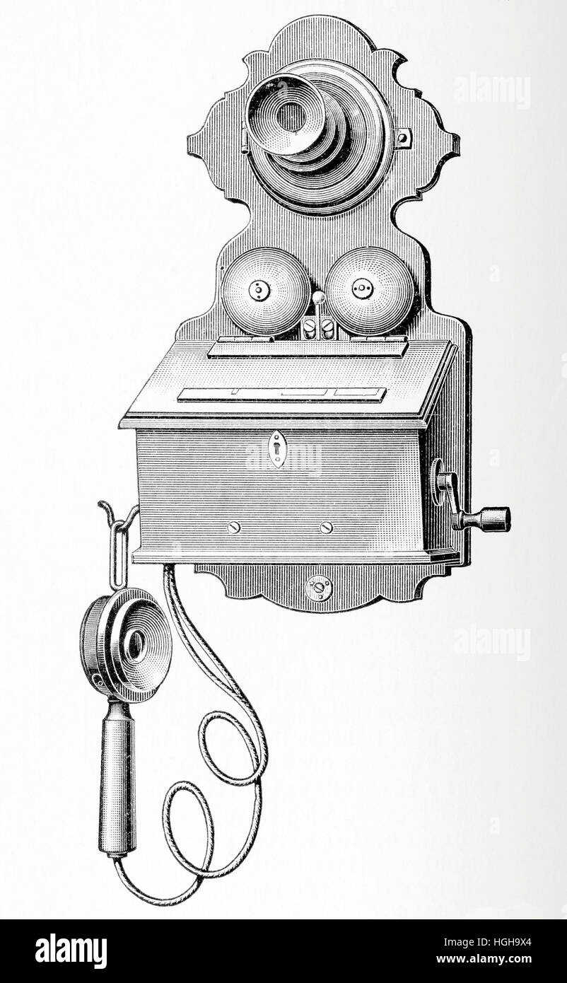 Wooden wall telephone with a hand-cranked magneto generator. From ...