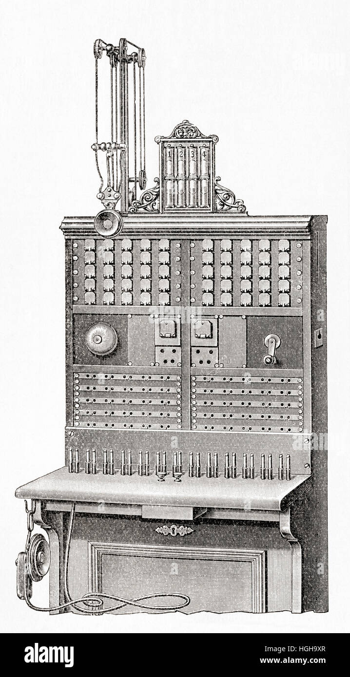 An early 20th century telephone switchboard containing 50 double lines ...