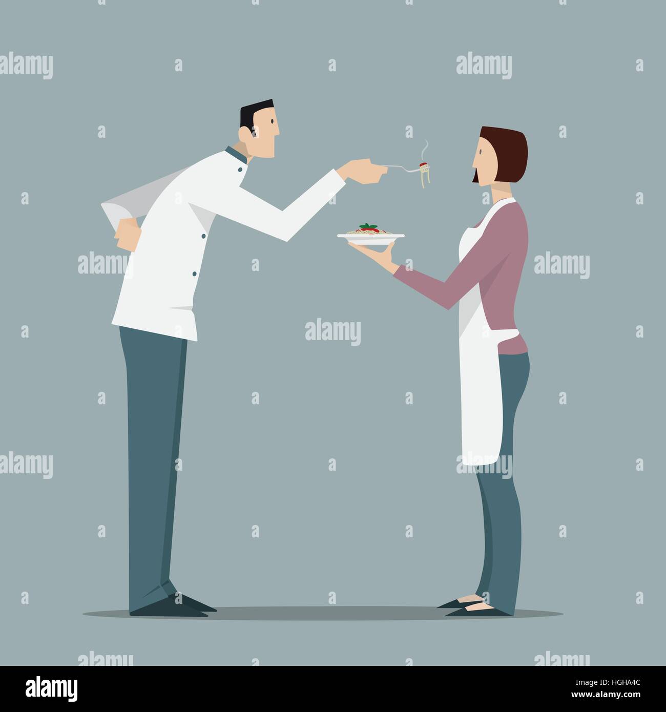 Cooking challenge concept. Side view of chef using spoon to feed ...