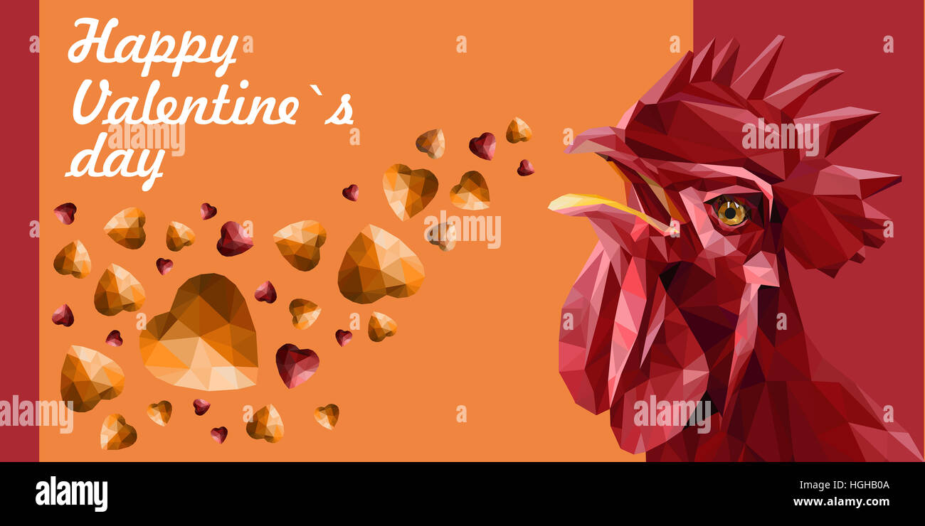 Valentine's greeting card with red rooster and red, yellow gemstones ...