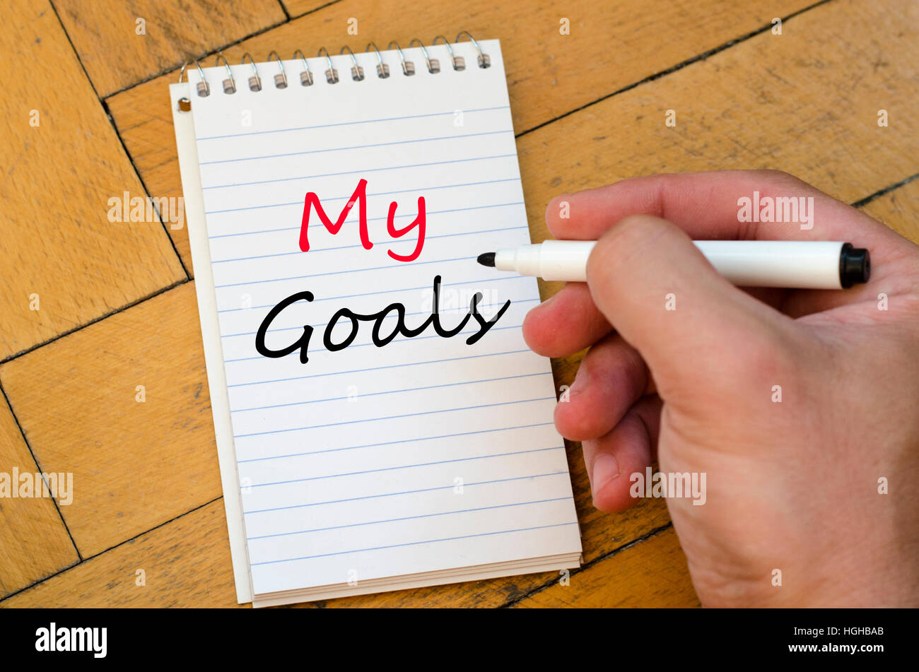 Human hand over wooden background and my goals text concept Stock Photo ...