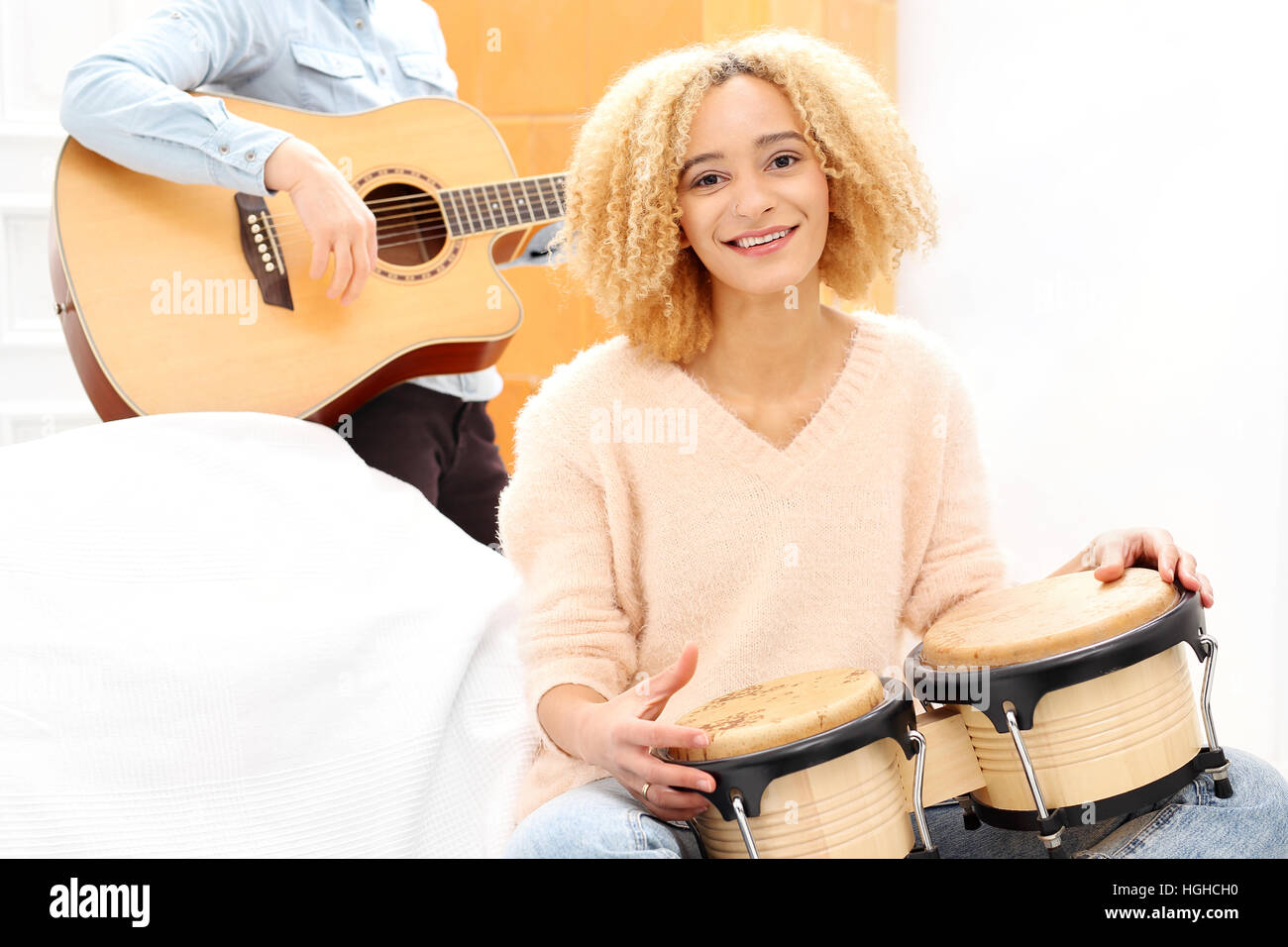 Play on the instruments. Making music together instruments. The joy ...