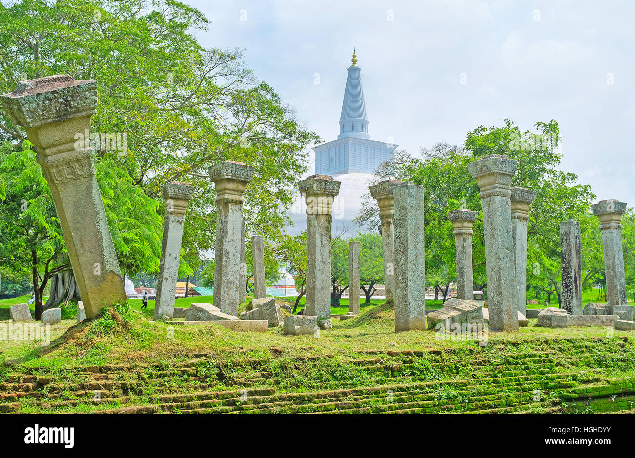 The group of broken vatadage columns of ancient Stupa House with the ...