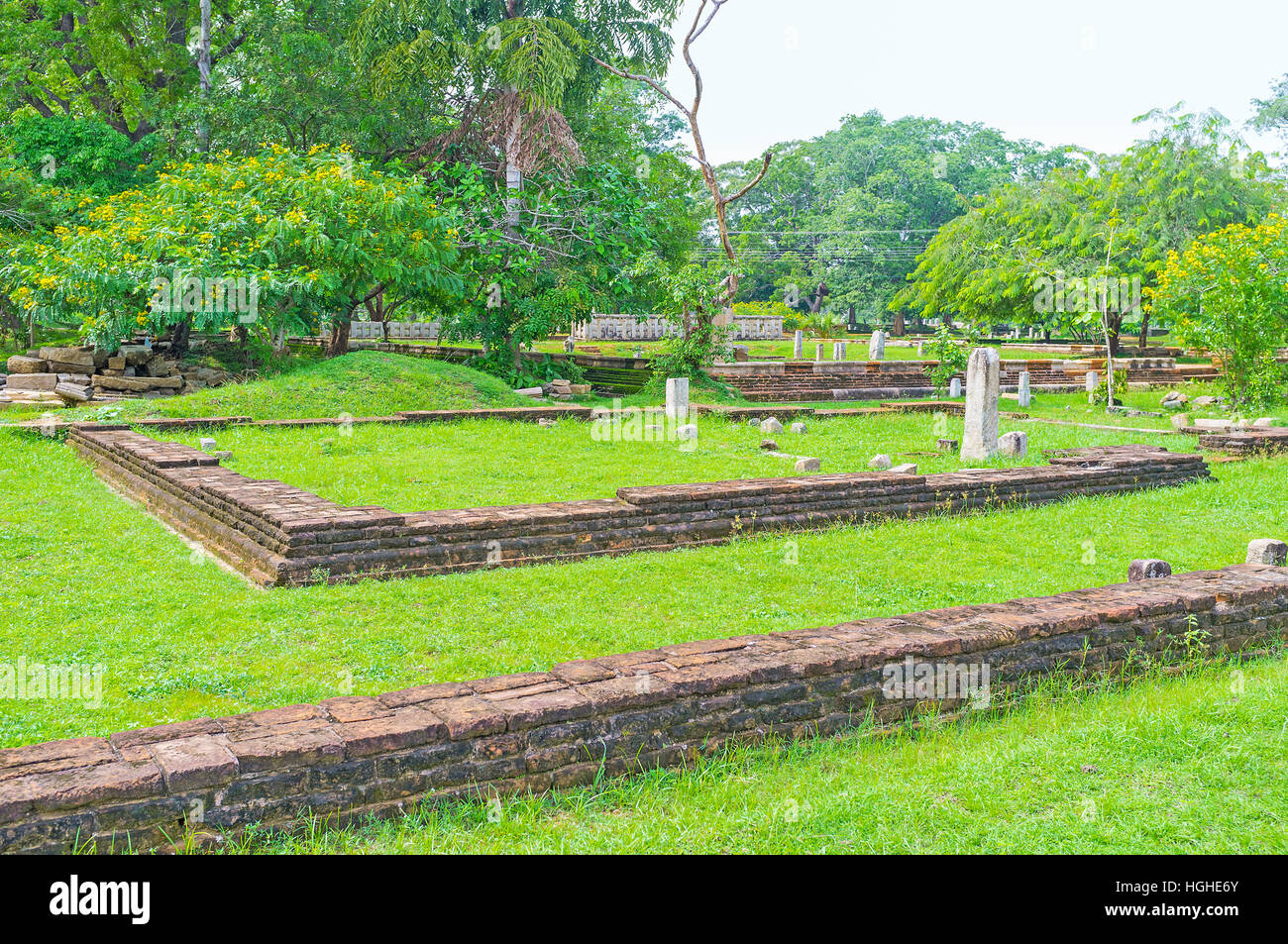 The brick foundation and ruins of stone pillars of the ancient ...