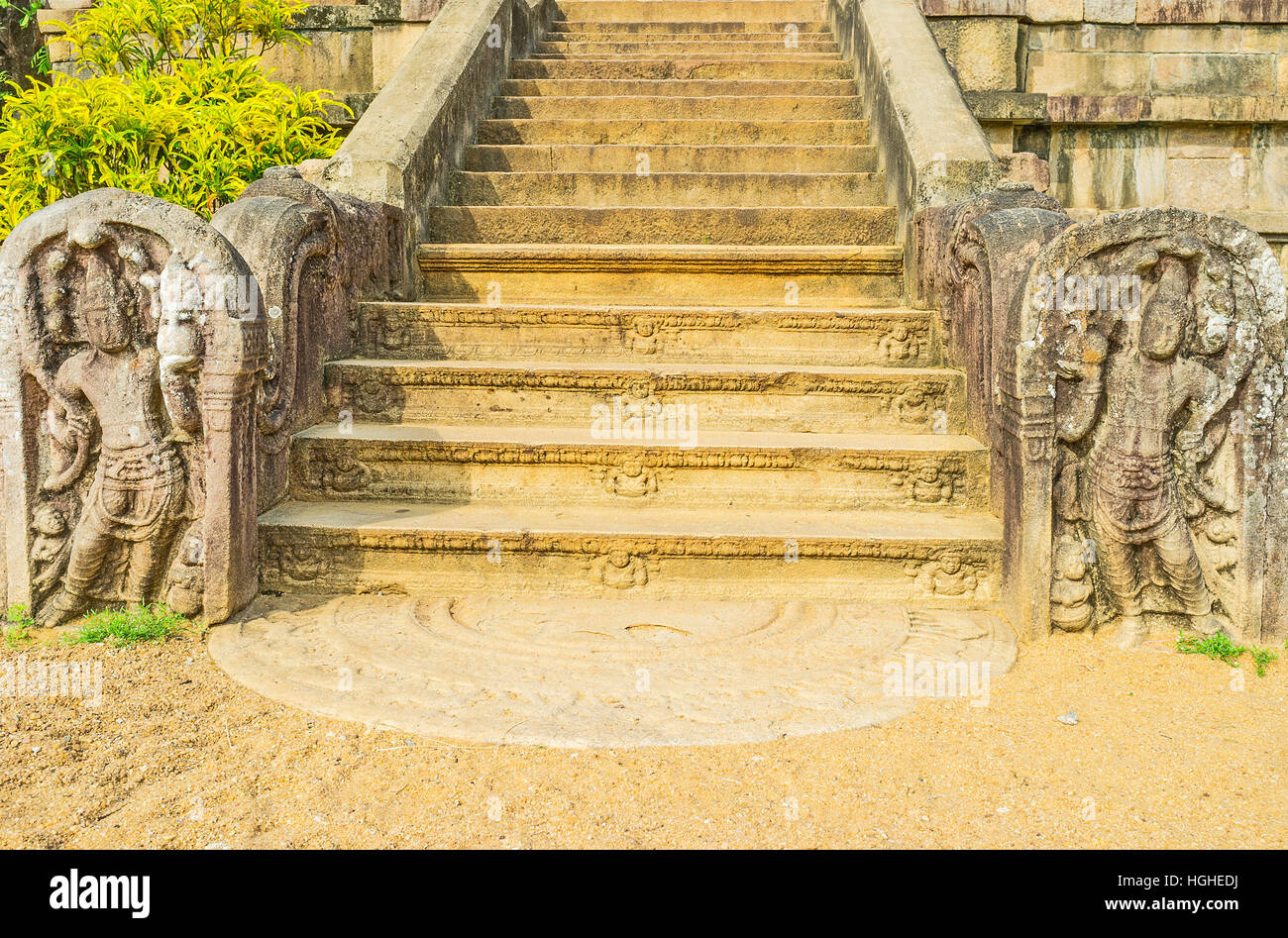 The carved staircase in Isurumuniya Rock Temple with the semi-circular ...