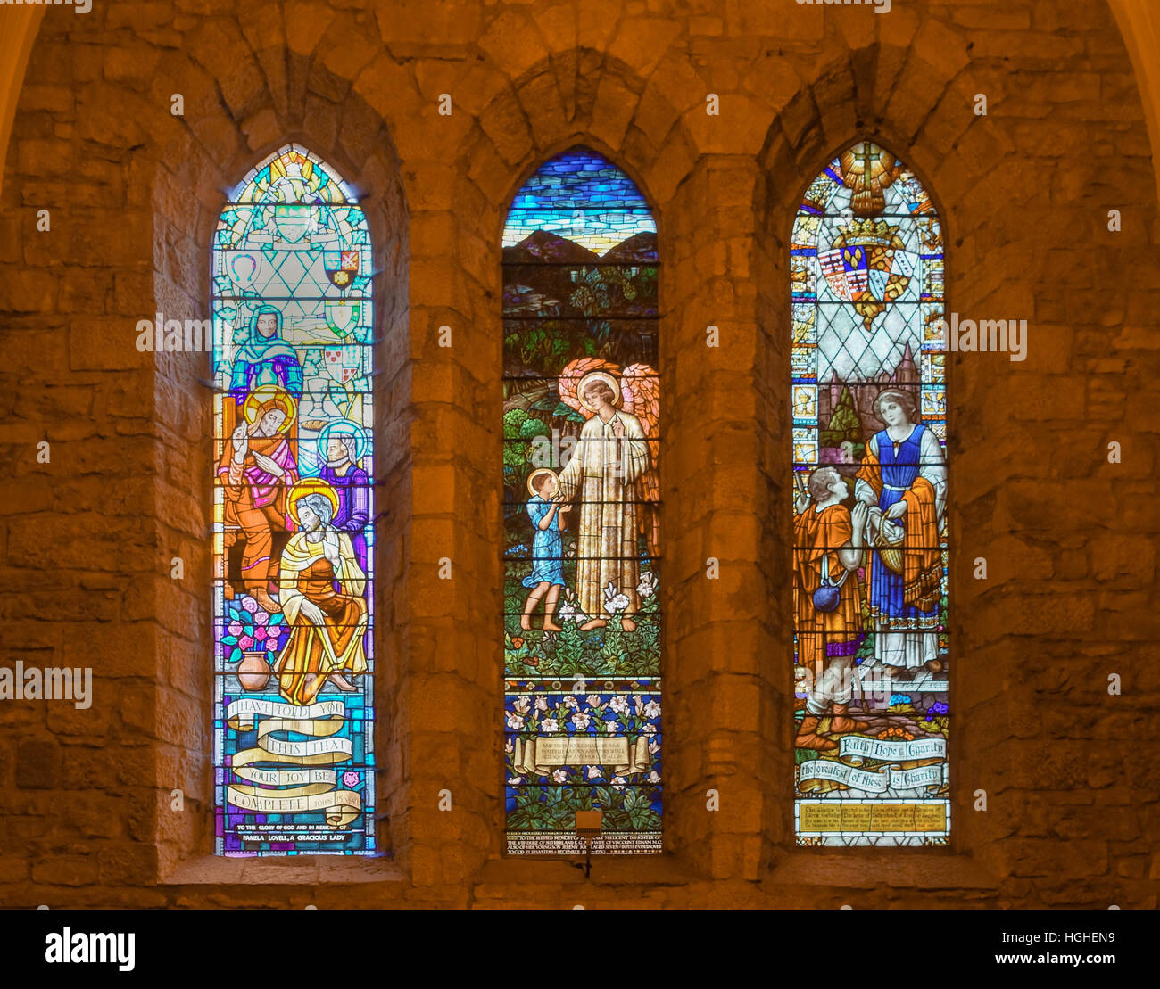 Triple stained glass window at Dornach Cathedral, Scotland Stock Photo ...