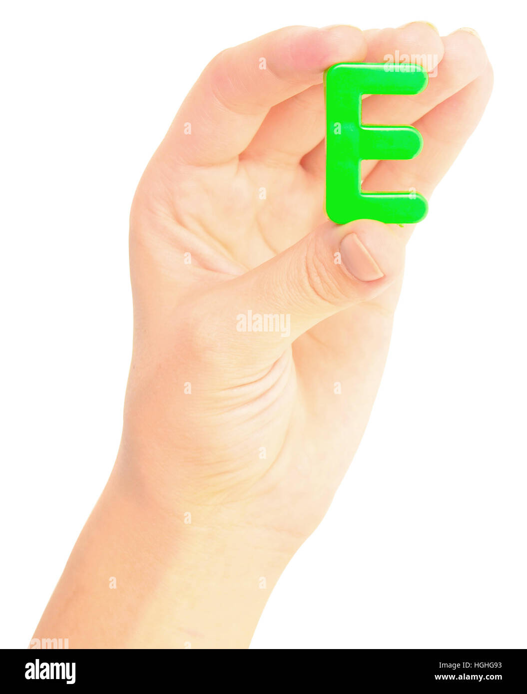 the letter E in a hand isolated on white background Stock Photo - Alamy