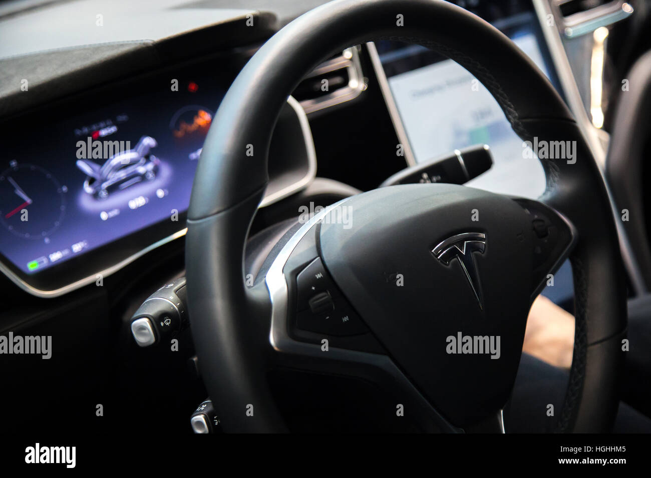Moscow, Russia - November 23, 2016 : Interior of cabin the Tesla model ...