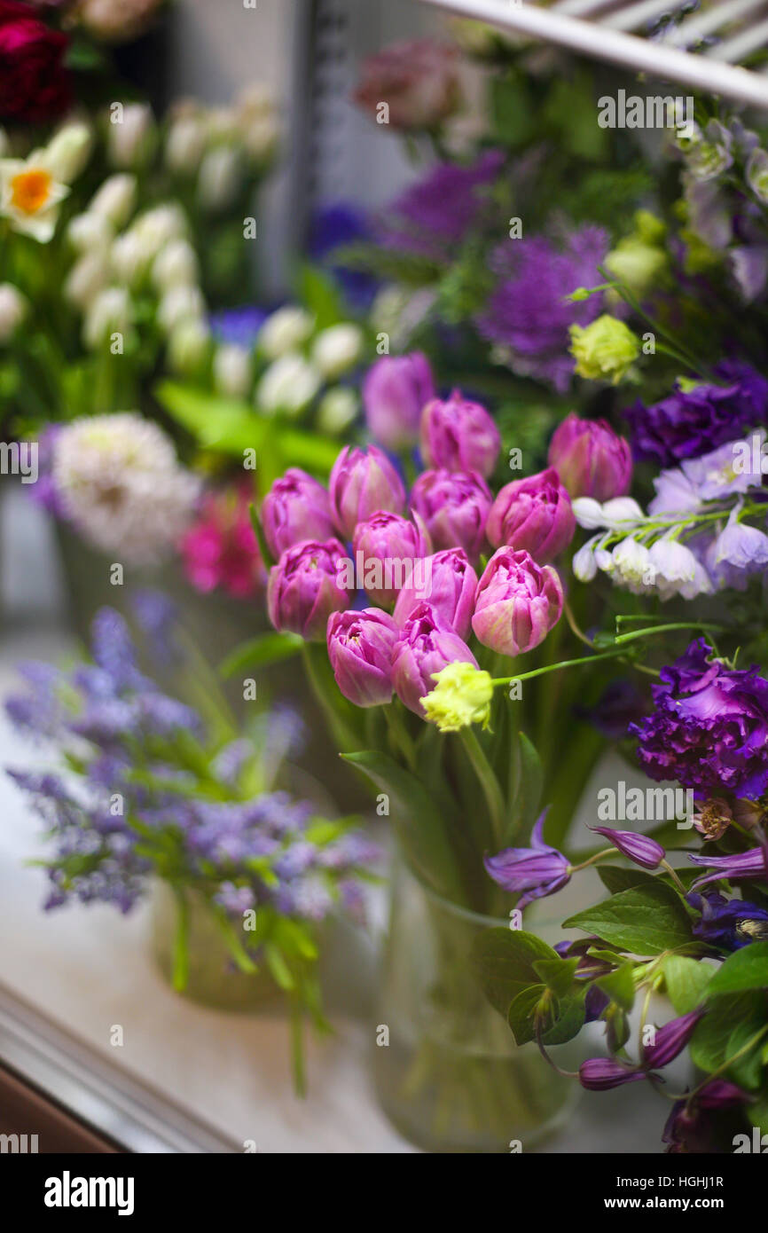 Fresh spring flowers in refrigerator for flowers in flower shop Stock ...