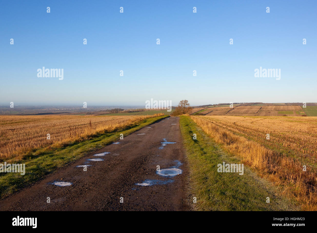 Frozen puddles on a farm track through the scenic landscape of the ...