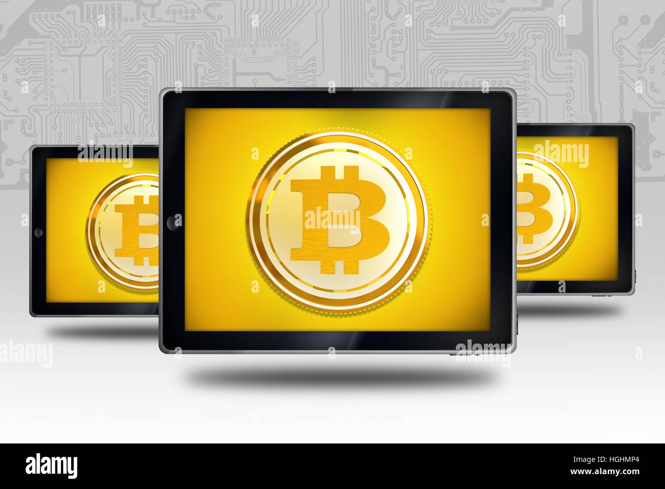Buying Selling Bitcoin Concept. Tablet Computers with Bitcoin Symbols Illustration with 3D ...