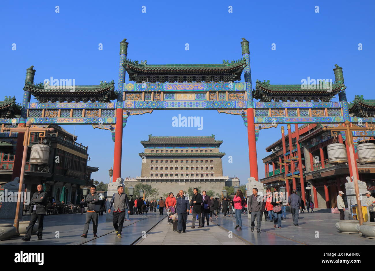 People visit Qianmen gate in Beijing China. Qianmen was built in 1419 ...