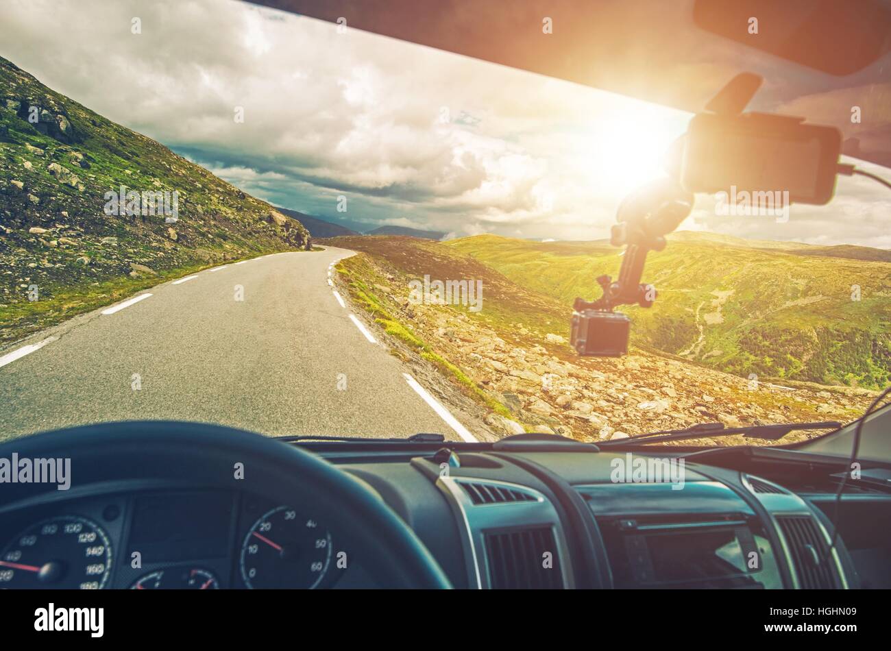 Scenic RV Road Trip. Driving Camper Van Through Mountain Landscape. RV ...