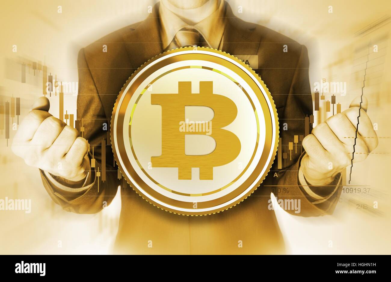 Bitcoin Currency Trader Conceptual Illustration. Golden Color Grading ...