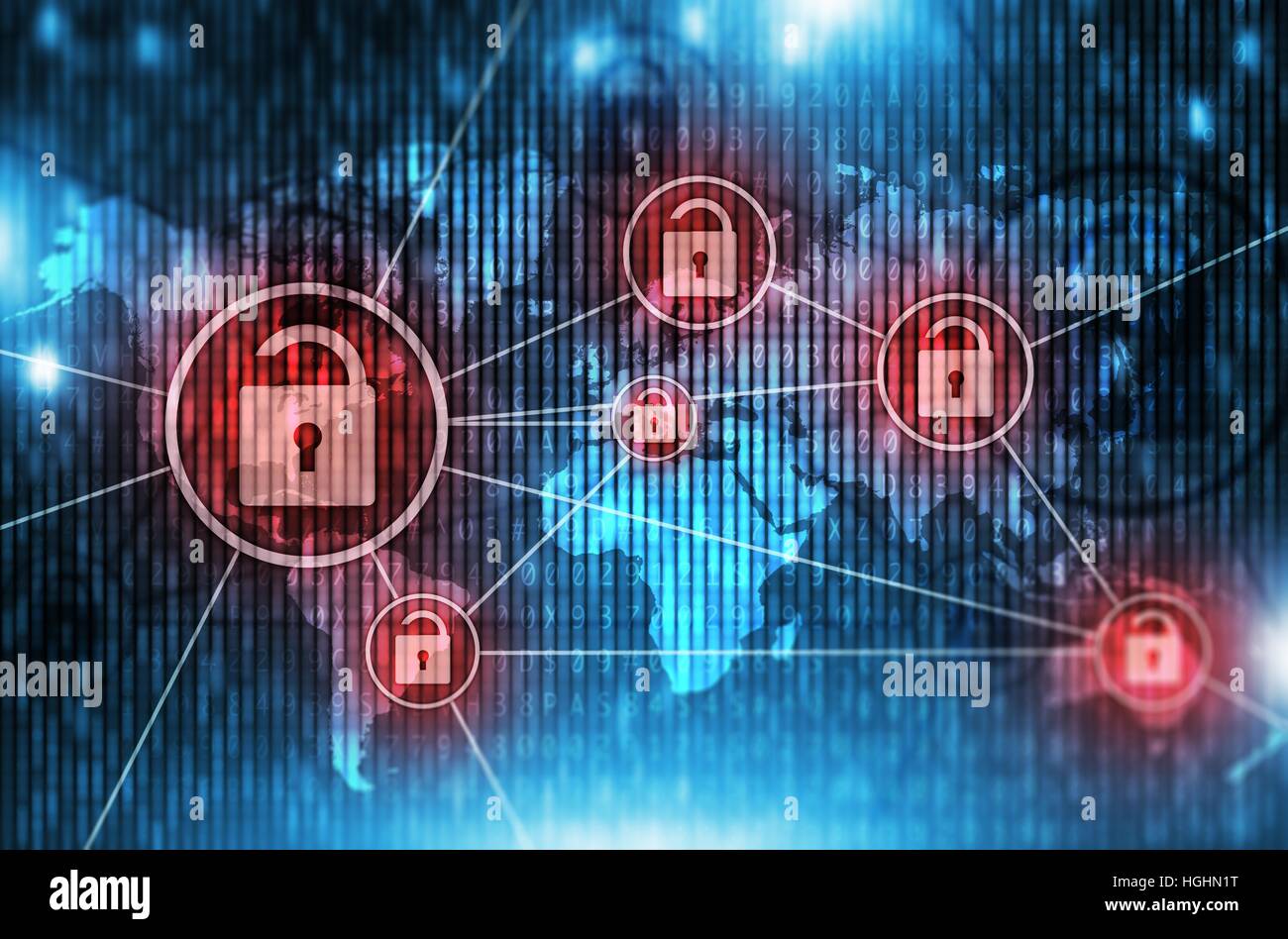 Unsafe Global Network Concept Illustration with Open Padlock Symbols ...