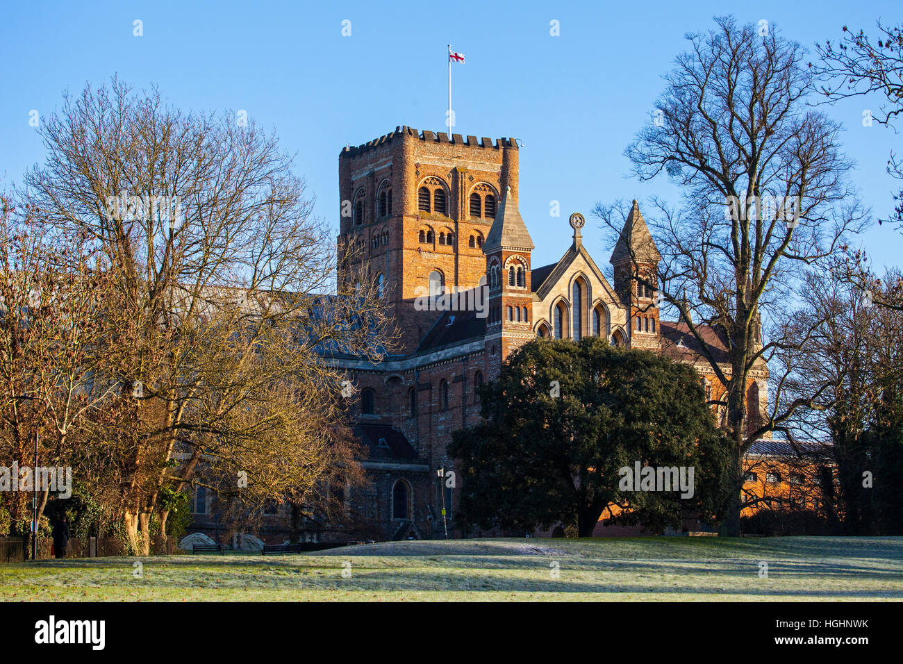 A view of the historic St. Albans Cathedral in Hertfordshire, England ...