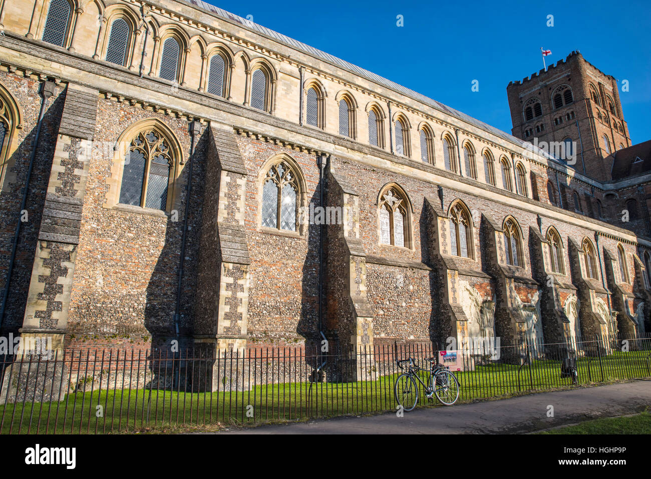 The impressive exterior of St. Albans Cathedral in the historic city of ...