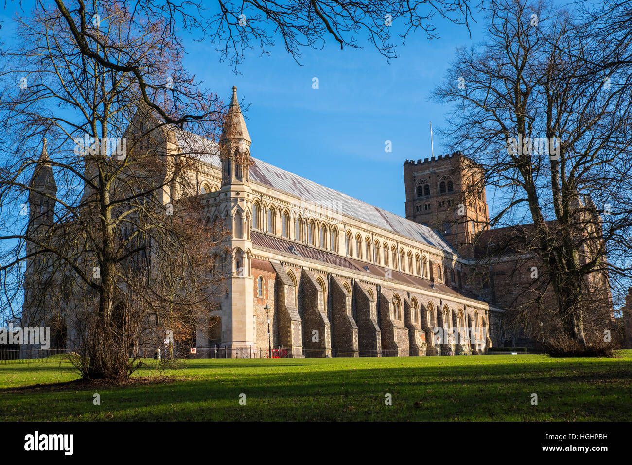 A view of the magnificent St. Albans Cathedral in the historic city of ...