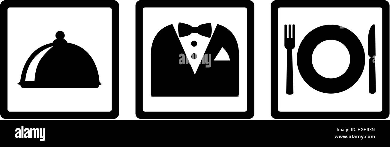 Butler icons. Tray, suit, tableware Stock Photo - Alamy