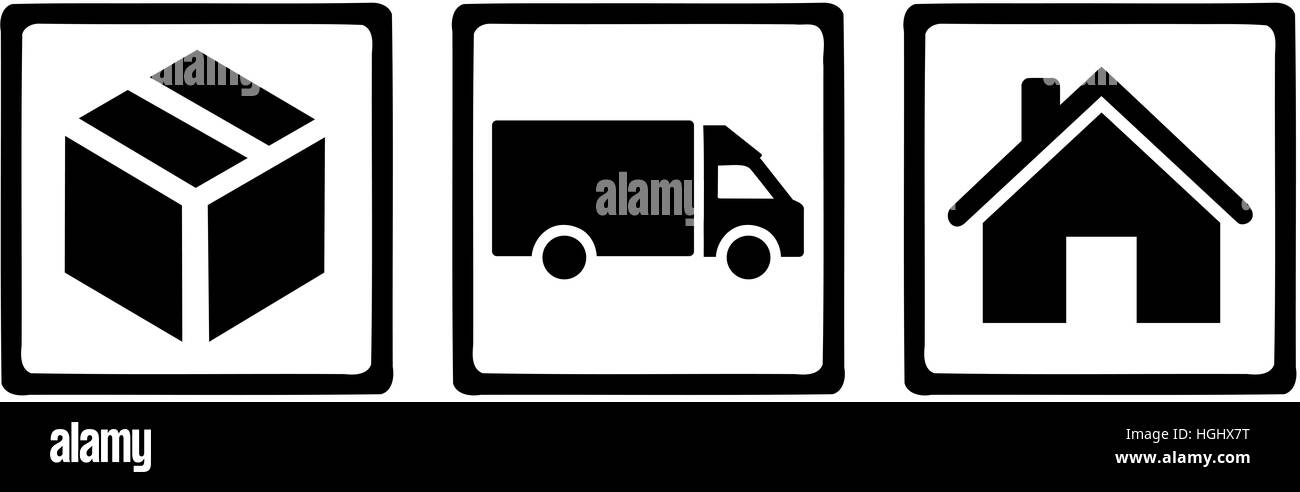 Parcel carrier icons. Parcel, van and house Stock Photo - Alamy
