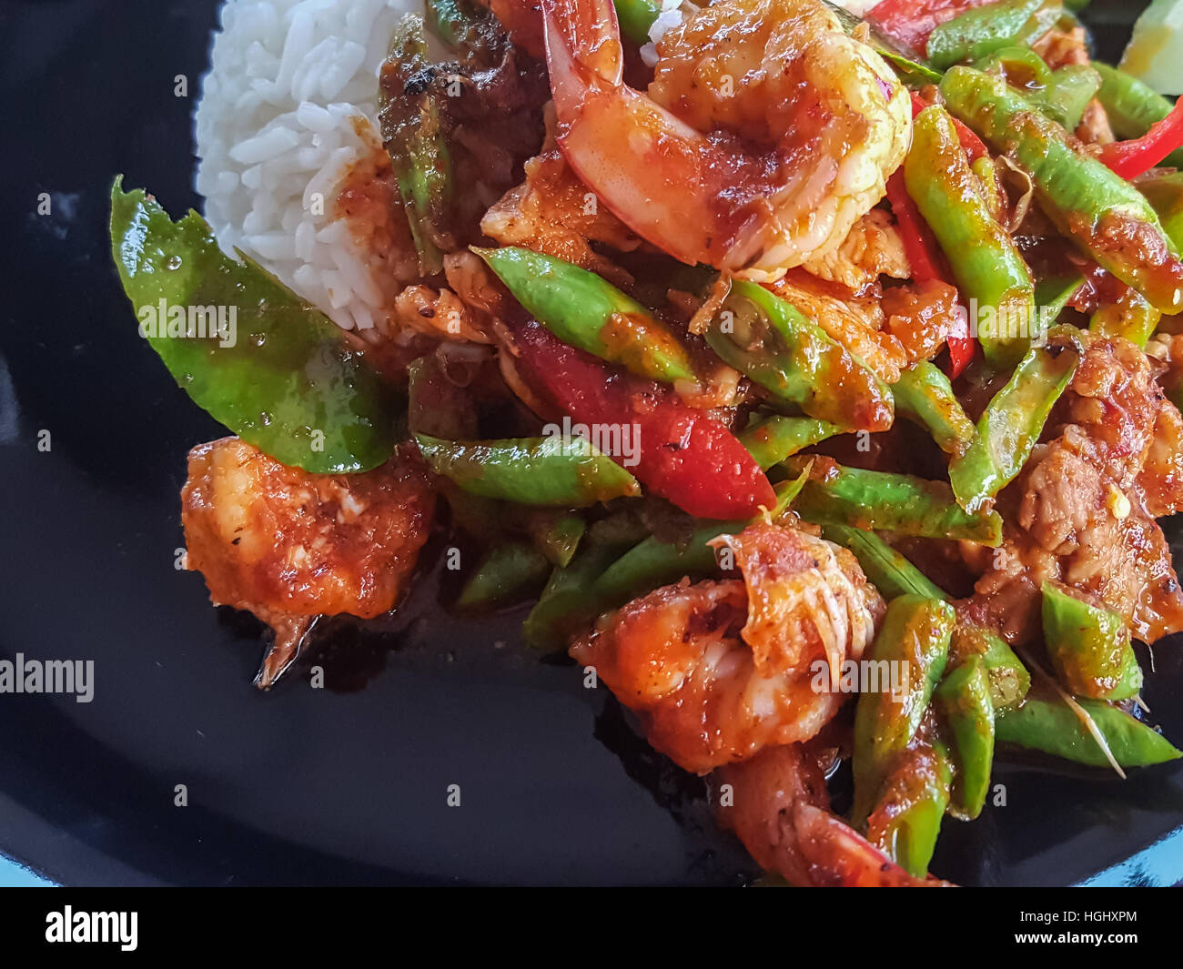 Thai food style delicious:Stir spicy fried shrimp curry lentil and ...