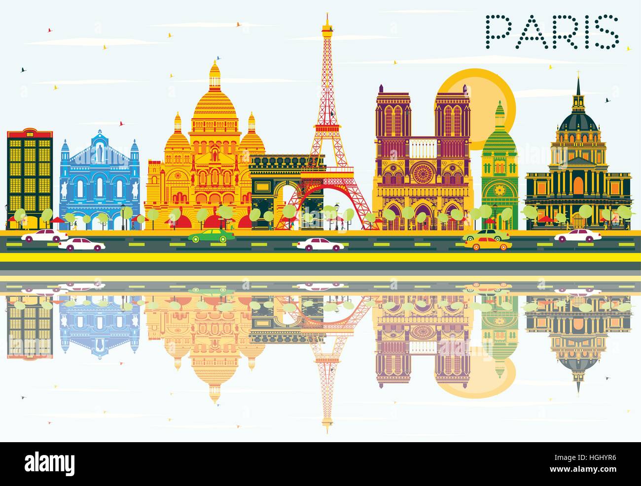 Paris Skyline with Color Buildings, Blue Sky and Reflections. Vector ...