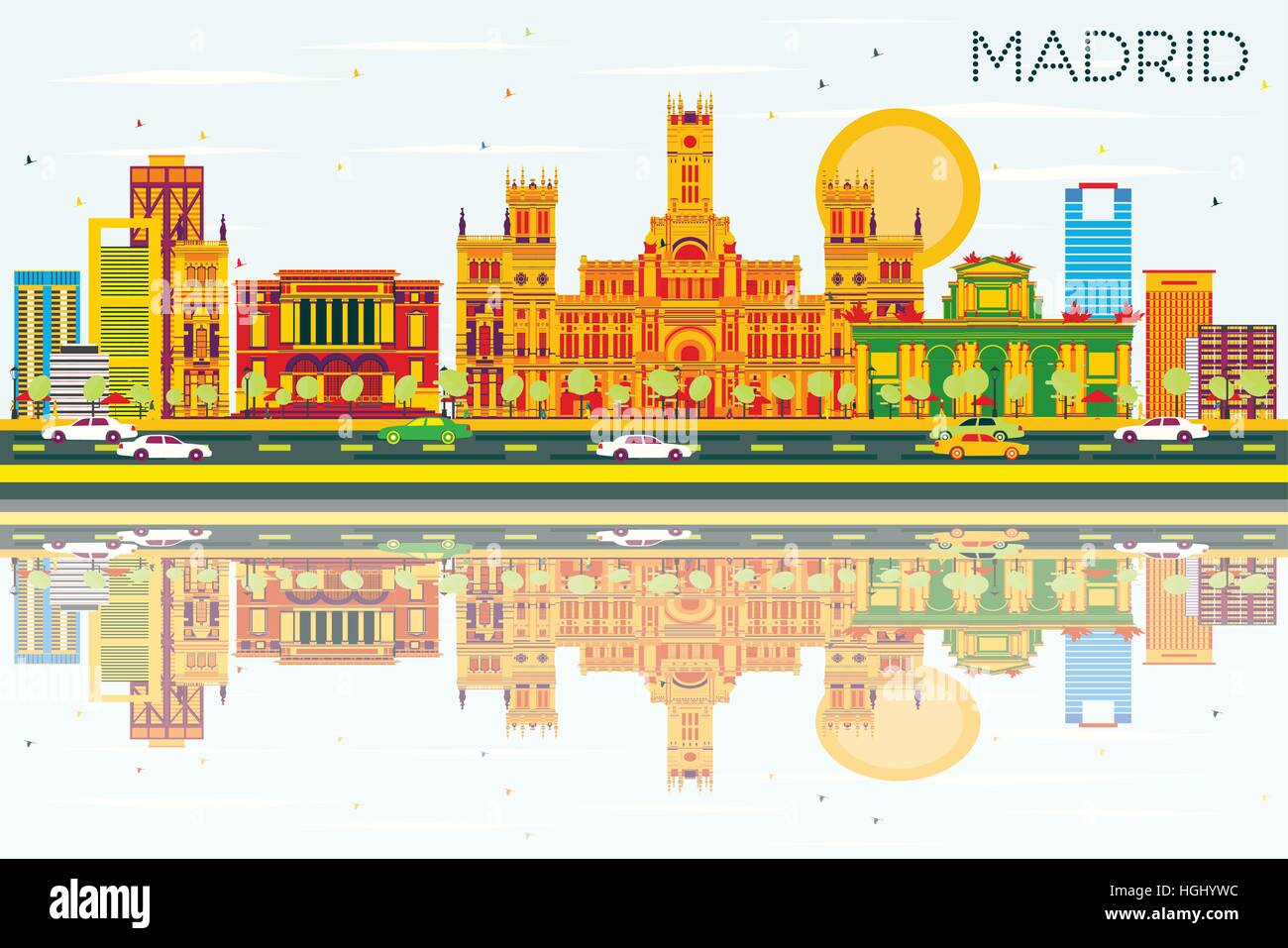 Madrid Skyline with Color Buildings, Blue Sky and Reflections. Vector ...