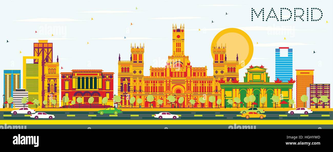 Madrid Skyline with Color Buildings and Blue Sky. Vector Illustration ...