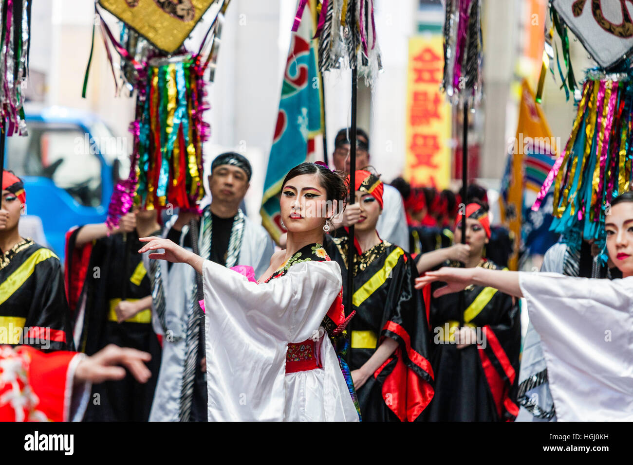 Japanese Dance Festival. Women team performing historical dance in ...