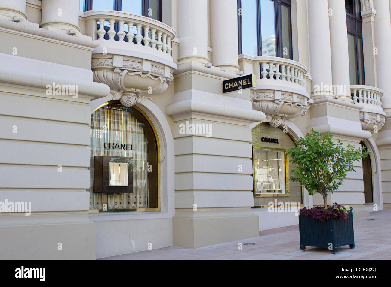 Monaco-Montecarlo: view of Chanel luxury shops, blue sky in summer ...