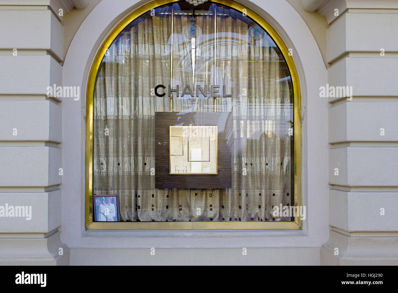 Monaco-Montecarlo: view of Chanel luxury shops, blue sky in summer ...