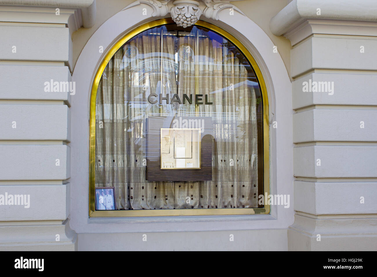 Monaco-Montecarlo: view of Chanel luxury shops, blue sky in summer ...