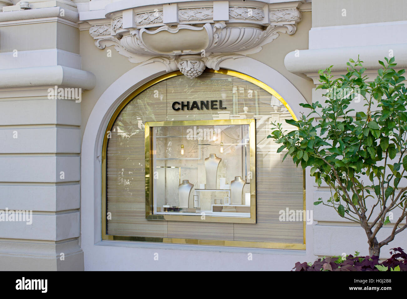 Monaco-Montecarlo: view of Chanel luxury shops, blue sky in summer ...