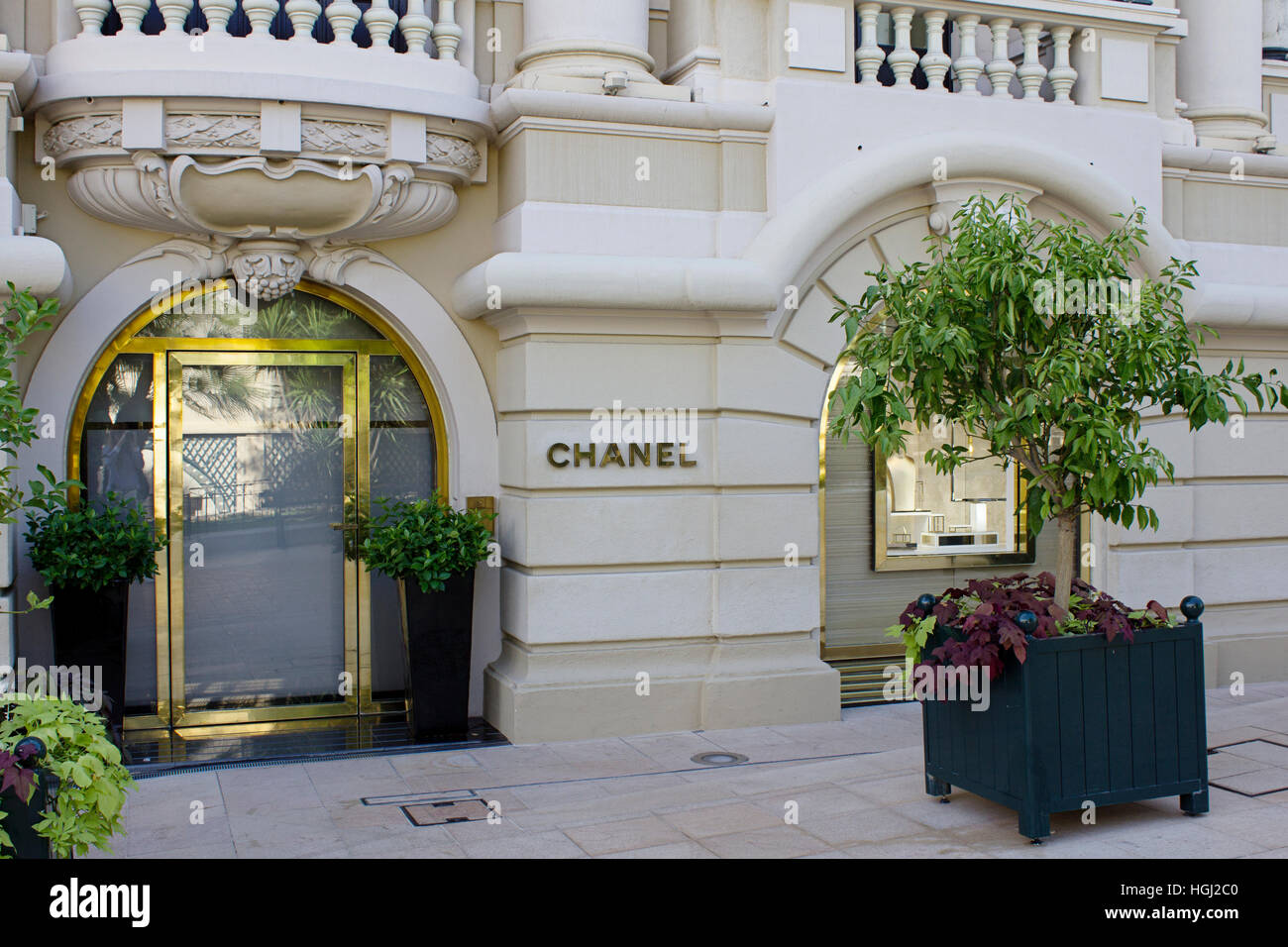 Monaco-Montecarlo: view of Chanel luxury shops, blue sky in summer ...