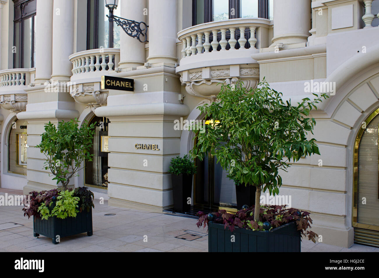 Monaco-Montecarlo: view of Chanel luxury shops, blue sky in summer ...