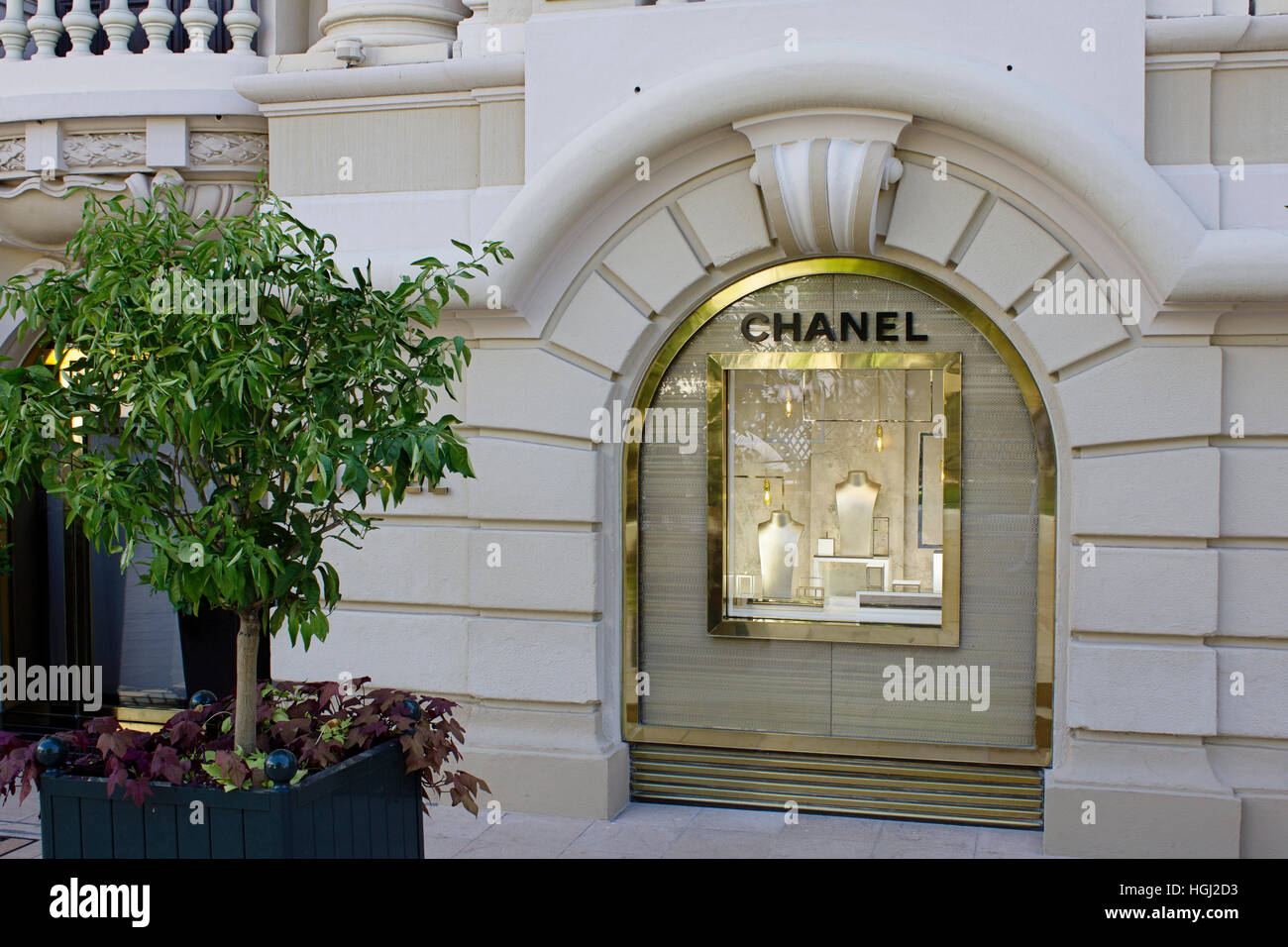 Monaco-Montecarlo: view of Chanel luxury shops, blue sky in summer ...