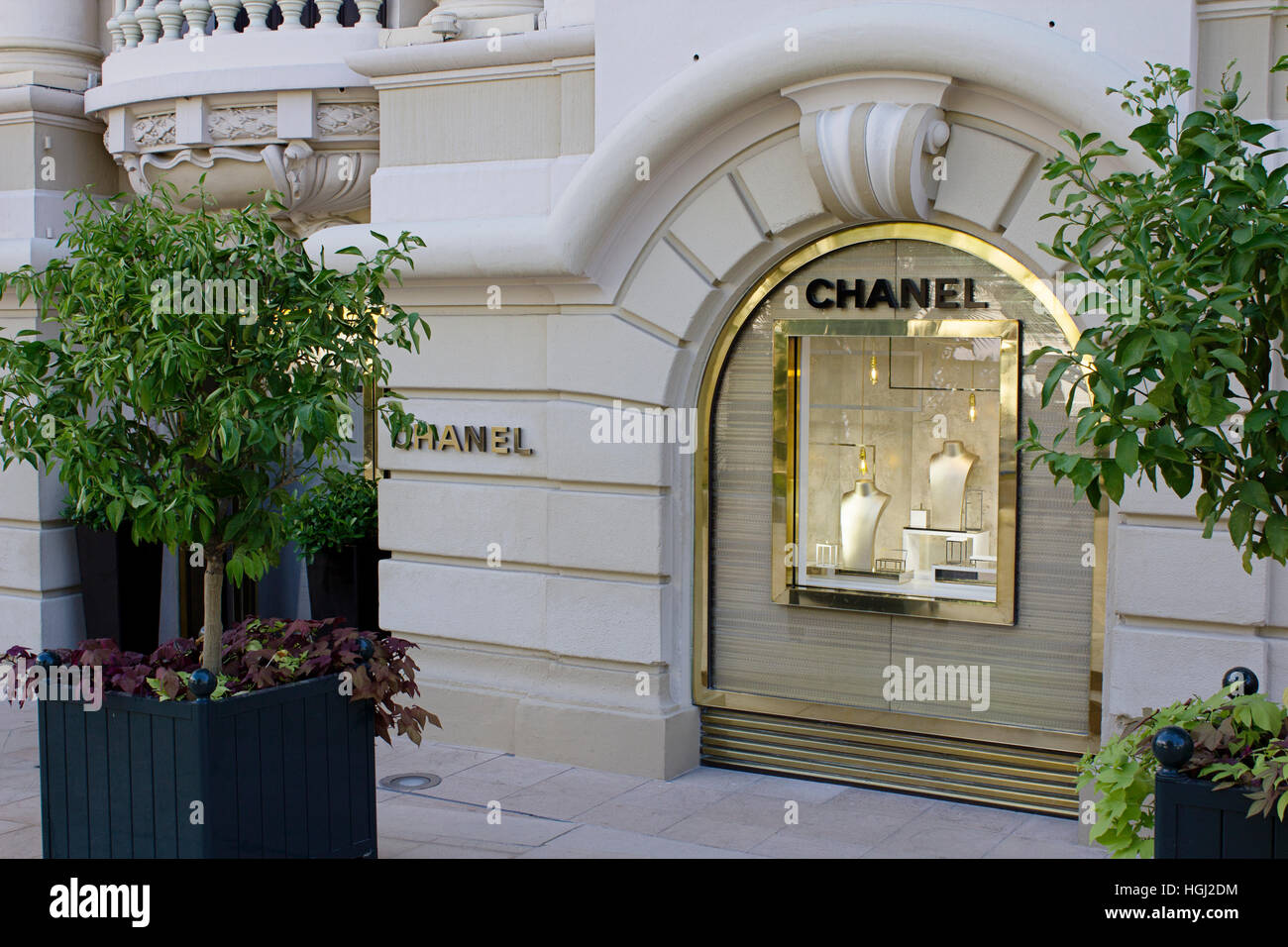 Monaco-Montecarlo: view of Chanel luxury shops, blue sky in summer ...