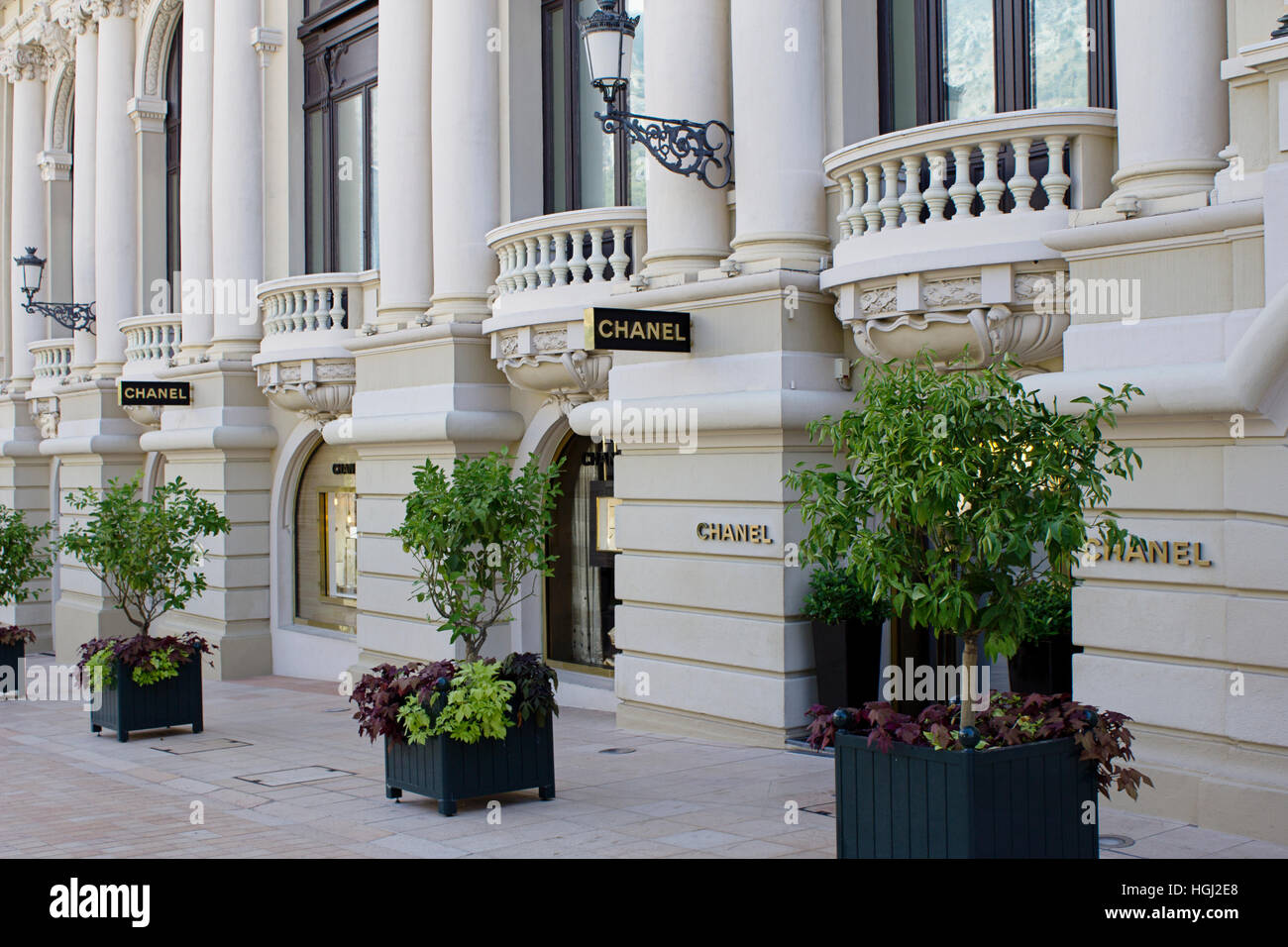 Monaco-Montecarlo: view of Chanel luxury shops, blue sky in summer ...