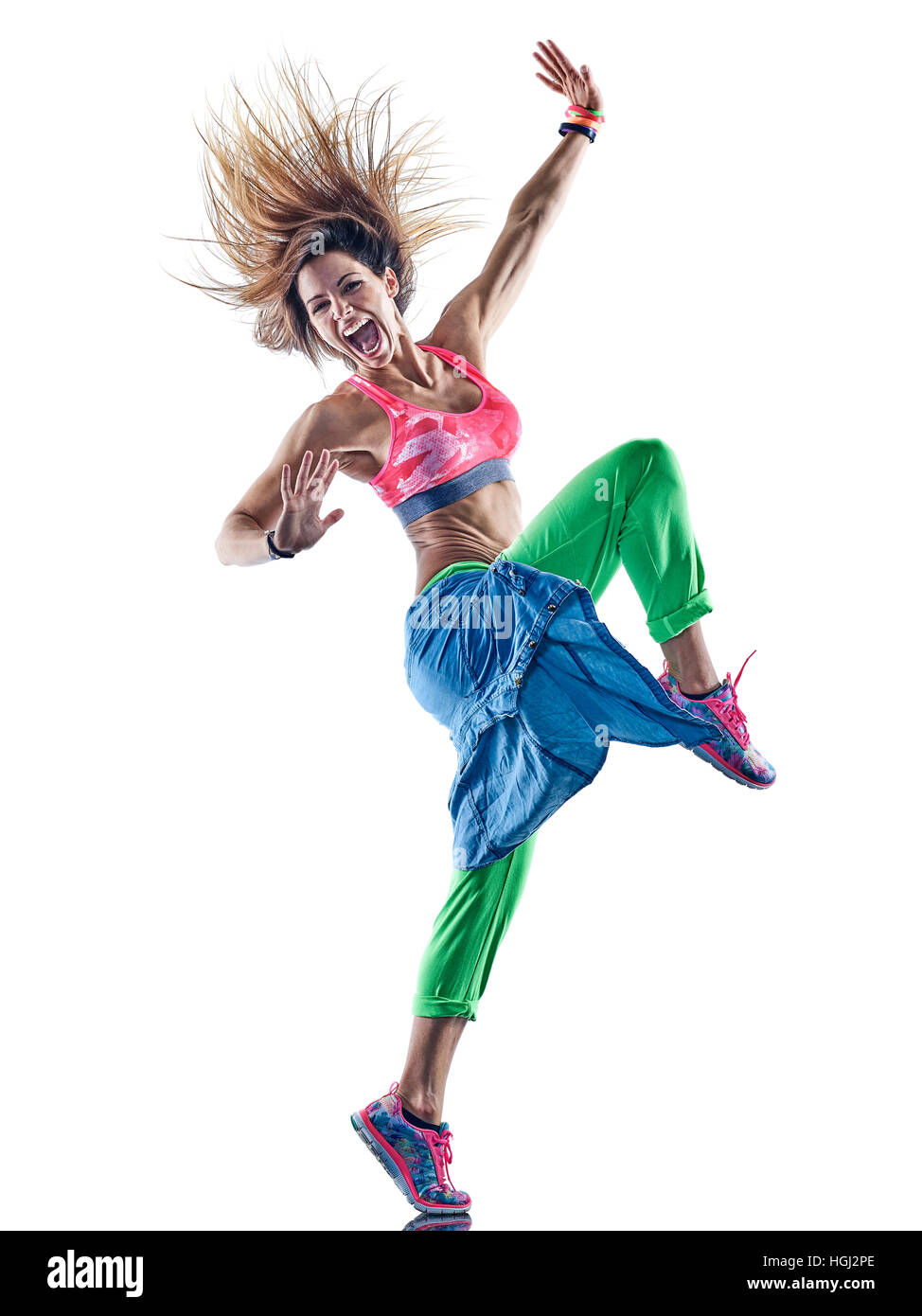 one caucasian woman zumba dancers dancing fitness exercising exercises ...