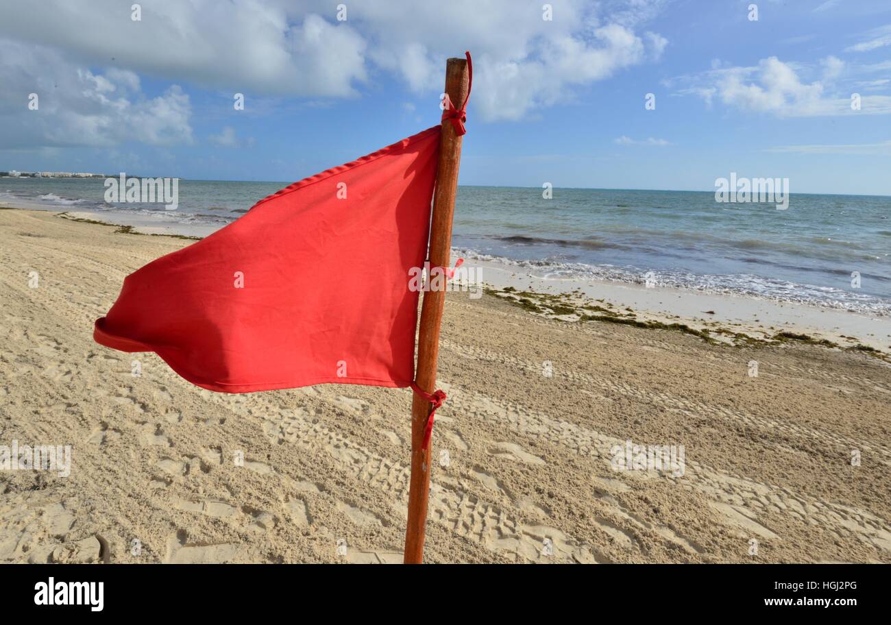 A red warning flag on the beach in the Caribbean Stock Photo - Alamy