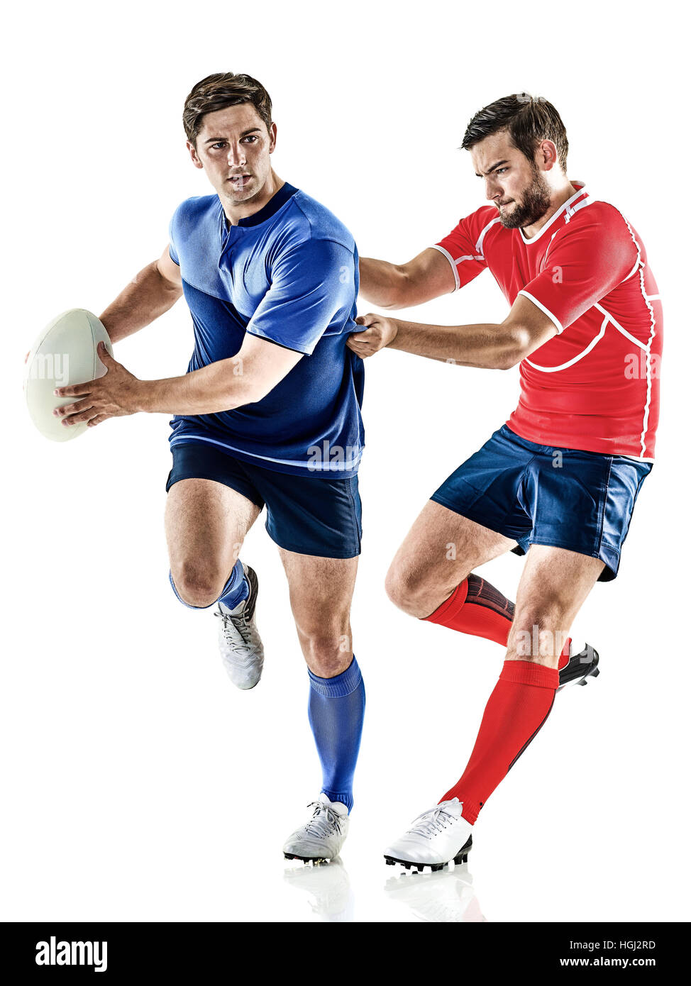 two caucasian rugby players men studio isolated on white background ...