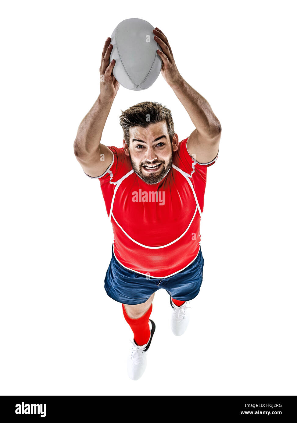 one caucasian rugby player man studio isolated on white background ...