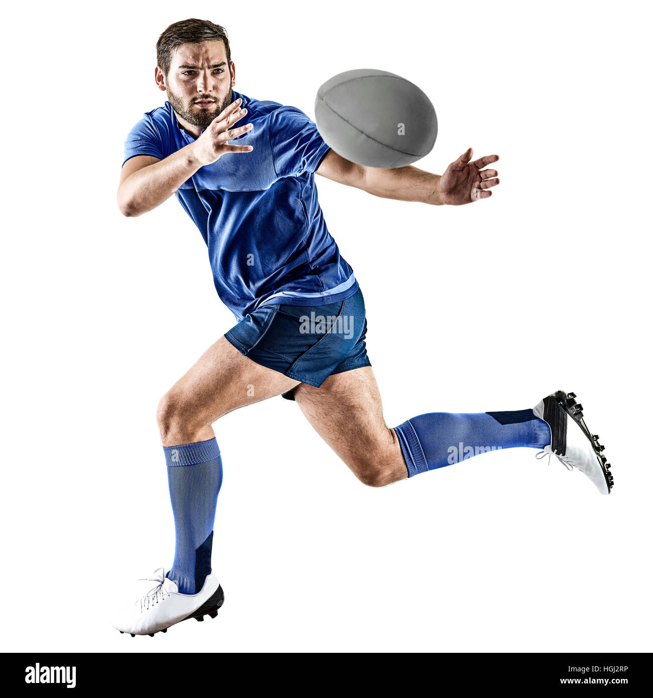 one caucasian rugby player man studio isolated on white background ...