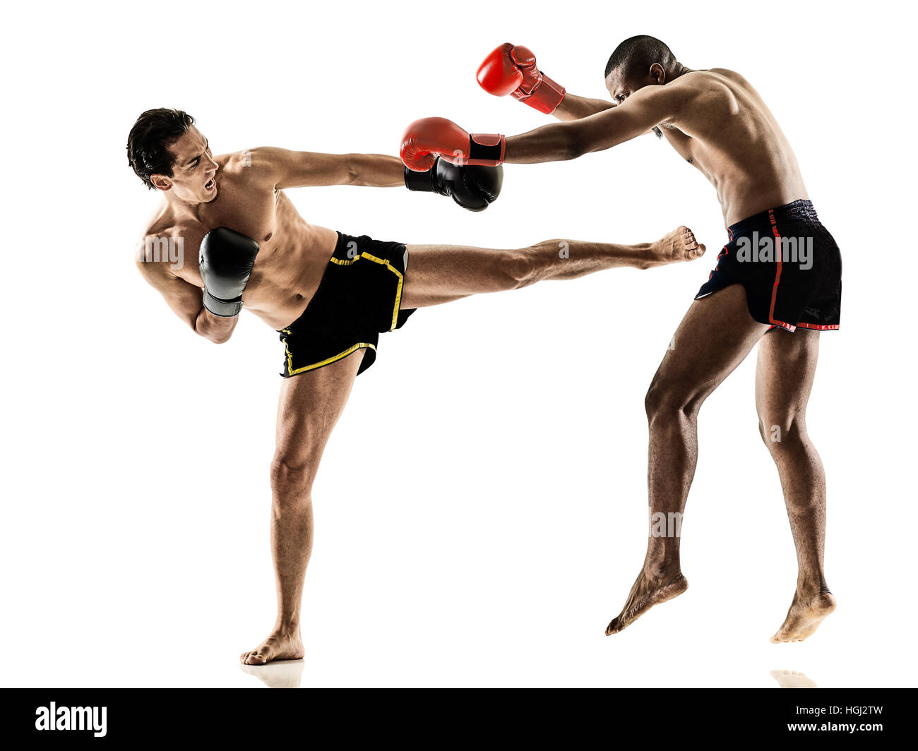 two caucasian Muay Thai kickboxing kickboxer thai boxing men isolated ...