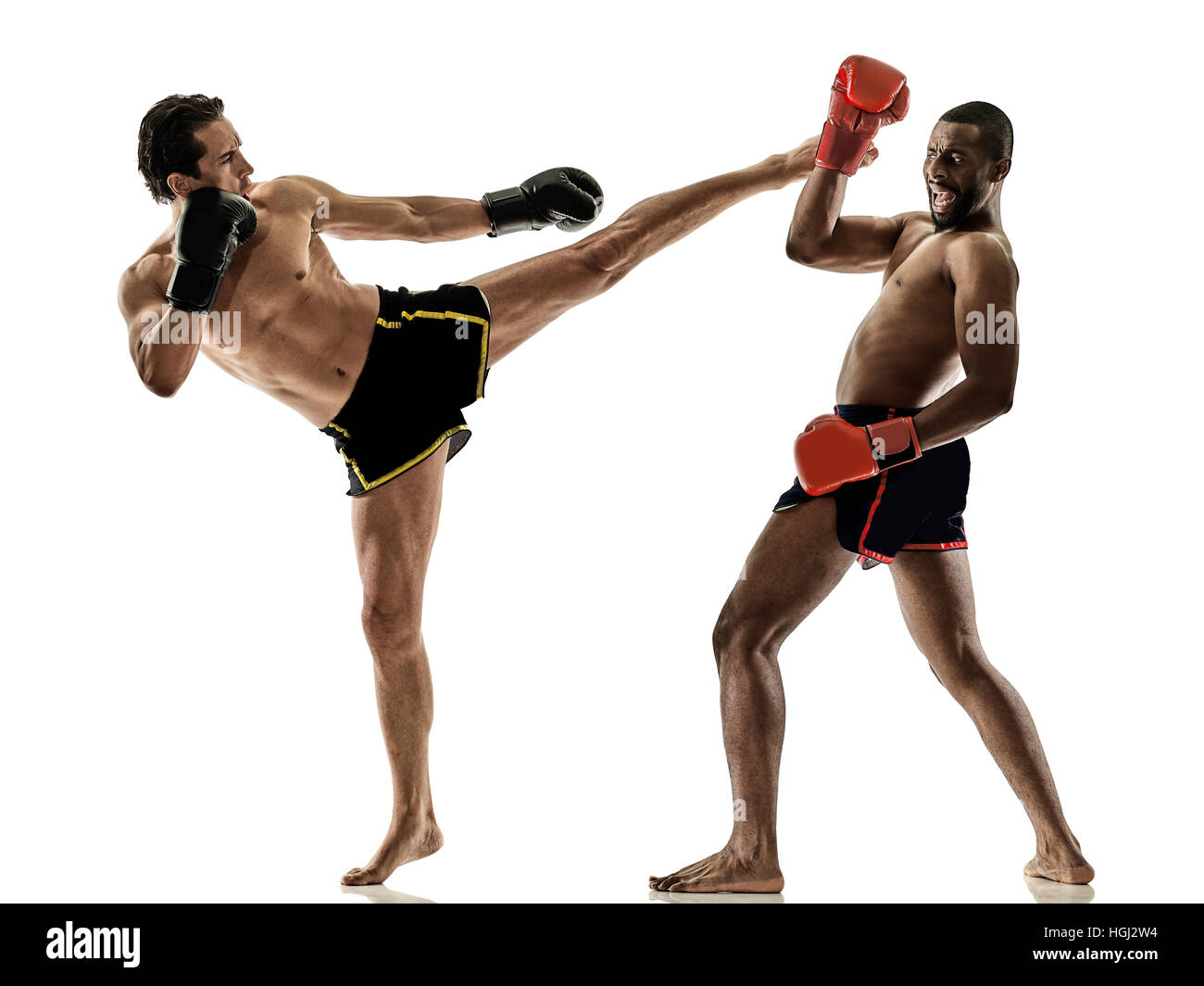 two caucasian Muay Thai kickboxing kickboxer thai boxing men isolated ...