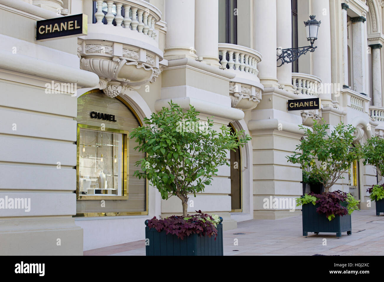 Monaco-Montecarlo: view of Chanel luxury shops, blue sky in summer ...